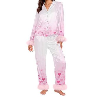 Generic Ensemble de pyjama en satin pour femme - V&ecirc;tement de nuit imprim&eacute; coeur - Haut et pantalon boutonn&eacute;s - Tenue 2 pi&egrave;ces - Pyjama en soie doux et confort