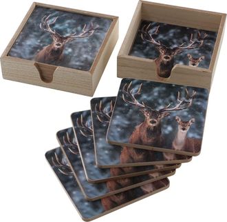 Boltze 2 Set a 6 Untersetzer Set August Hirsch mit Aufbewahrungsbox Holz Breite 11 cm