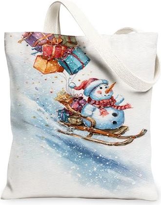 Generic Sacs fourre-tout en toile motif bonhomme de neige - Sacs de courses r&eacute;utilisables - Motif festif dhiver - Jolis - L&eacute;gers et lavables - Pour les voyage