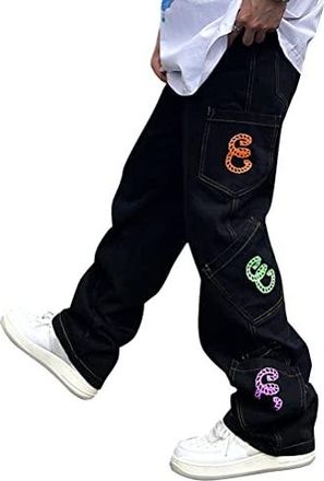 Onsoyours Jeans Droit Homme Patchwork Couleur Bloc Denim Pantalon Vintage Baggy Hip Hop Straight Leg Denim Pants Taille Haute en Détresse Trouser Streetwear O N