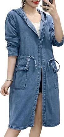 Generic Veste en jean &agrave; capuche pour femme, ouverte sur le devant, longue et d&eacute;contract&eacute;e, style trench-coat oversize tendance, bleu clair, taille XL. Collect
