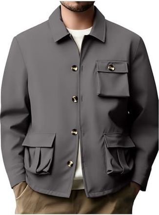 Generic Veste de travail pour homme - Veste cargo &agrave; manches longues - Veste de travail avec boutonni&egrave;re - Veste dext&eacute;rieur avec col rabattu et poches &agrave; rabat 