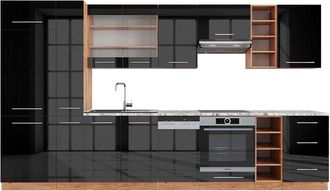 Vicco Küchenzeile Fame-Line, Anthrazit Hochglanz/Goldkraft Eiche/Goldkraft Eiche, 355 cm, AP Marmor