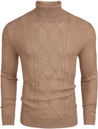 Coofandy Pull Homme Col Roul&eacute; Hiver Tricot Slim Fit Motif Torsad&eacute; Manches Longues Business sans Capuche Beige XXL