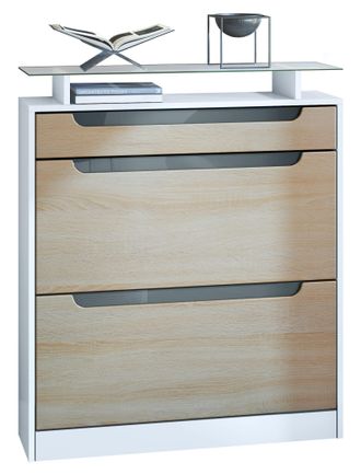 Vladon Schuhschrank Fiesta, Wei&szlig; matt/Eiche s&auml;gerau/Grau Hochglanz Schuhkipper f&uuml;r 16 Paar Schuhe mit 2 Klappen (89 x 104 x 23 cm)