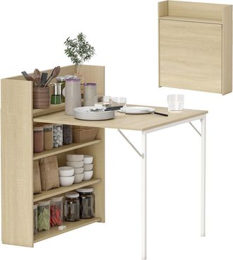 HOMCOM Esstisch Klappbar K&uuml;chentisch f&uuml;r 3 Personen mit 4-stufigen Regalen, Klapptisch Moderner Esszimmertisch f&uuml;r kleine R&auml;ume, K&uuml;che, 78,5 x 91 x 93 cm, Ei