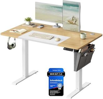 Songmics Höhenverstellbarer Schreibtisch elektrisch, 120 x 60 cm, stufenlos verstellbar, Memory-Funktion mit 4 Höhen, natureichenfarben-mattweiß LSD015N01