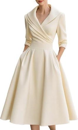 Generic Robe midi &eacute;l&eacute;gante &agrave; col en V pour femme - Manches longues - Robe de soir&eacute;e formelle fronc&eacute;e avec poches, abricot, XXL