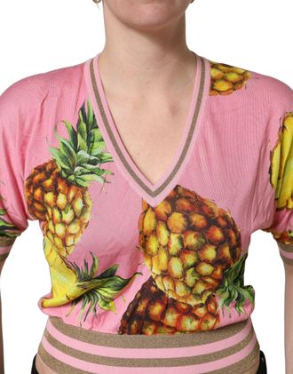 Dolce & Gabbana Womens Pink Pineapple Vneck Short Sleeve Cropped Top Polyester Silk Viscose