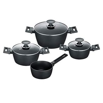 Berndes Lot de 4 casseroles en aluminium avec couvercle en verre antiadhésif et compatible tous feux à induction, cocottes en fonte daluminium avec revêtement
