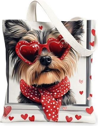 Generic Yorkies Sac fourre-tout en toile motif chien pour faire du shopping 33 x 38,1 cm, sac &agrave; bandouli&egrave;re r&eacute;utilisable avec fen&ecirc;tre amusante pour femme, pei