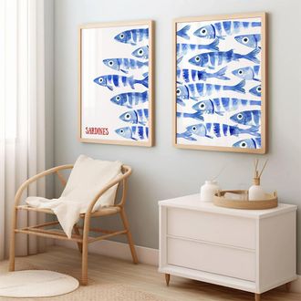 Generic 2 Bilder Fisch 30X40CM Poster Wohnzimmer Blau Bilderwand Modern Leinwand Toilette Bilder Aquarell Poster Badezimmer Leinwand Fische Wohnzimmer Blau Ja