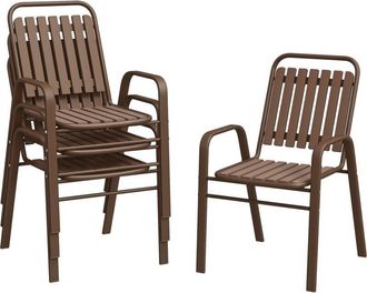 OUTSUNNY Lot de 4 chaises de jardin - Outsunny - empilables - avec haut dossier et accoudoirs - cadre en acier - marron fonc&eacute;