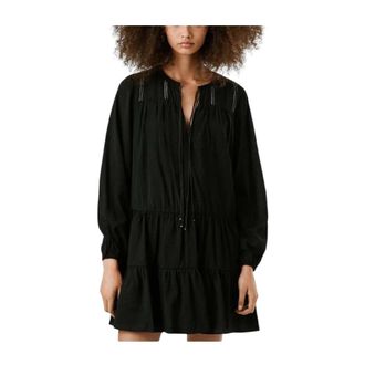 Pepe Jeans London Schwarzes Kleid mit ger&uuml;schtem Rock - - Dresses - Damen - Schwarzk - L