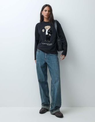 Polo Ralph Lauren lang&auml;rmliges T-Shirt mit B&auml;renprint in Schwarz