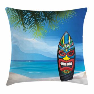 Generic Throw Pillow Covers Tiki-Bar, Tiki-Krieger-Design, Surfbrett Am Meeresstrand, Abstrakte Landschaft, Surfen Pillow Cases Fashion Sofakissenbez&uuml;ge Sofak