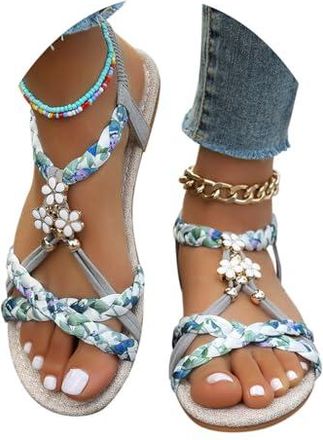 Minetom Femme Sandales Plates Été Boho Confortables Bout Ouvert Tongs de Plage Chaussures Décontractées A Bleu 39 EU