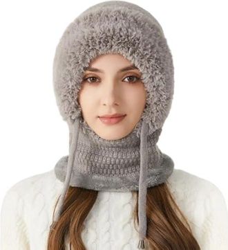Generic &Eacute;charpe coupe-vent pour femme | &Eacute;charpe dhiver en tricot une pi&egrave;ce pour femme | Bonnet dhiver | Ensembles de cache-cou chauds, gris