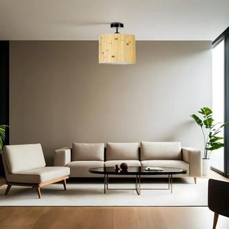 Opviq Elegant Metal Chandelier with Bamboo Cap, 30 cm Diameter, 30 cm Height | E27 Socket, Max 40W | Stylish Oak & Black Design for Modern Spaces