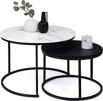 IDMarket Idmarket - Lot de 2 tables basses gigognes alaska rondes 54/70 effet marbre et noir pieds métal