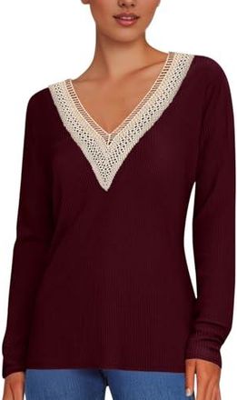 Generic Chemise unie à manches longues pour femme, coupe ample, t-shirt à manches longues, coupe ajustée, col en V, chemises en tricot côtelé, vêtements pour 