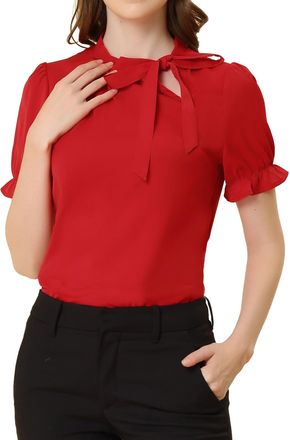 Allegra K Damen 50er Jahre Bluse mit Schleife Schluppenbluse Festliche Blusen Kurzarm Panel Fliege Hals R&uuml;schen Elegant Top Rot XXL