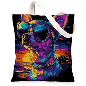 Generic Sac fourre-tout d&eacute;t&eacute; en toile motif chihuahua pour le shopping 33 x 38 cm, sac d&eacute;picerie r&eacute;utilisable pour femme, peinture esth&eacute;tique, d&eacute;coration cade