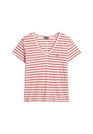 Superdry Damen Strukturiertes T-Shirt mit V-Ausschnitt und Stickerei College-Rot/Wei&szlig; Gestreift 36