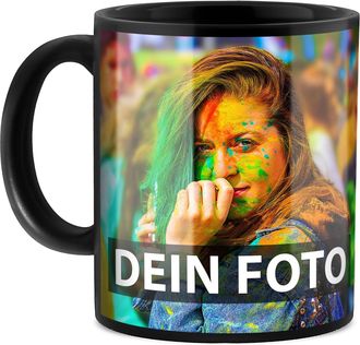 Tassendruck Schwarze Tasse selbst gestalten - mit Text & Foto bedrucken - mit anpassbarem Hintergrund - Geschenk für Familie, Freunde, Geburtstag, Weihnachten - K