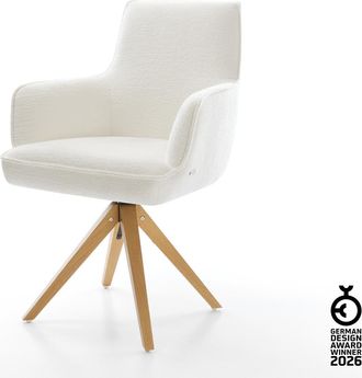 DELIFE Drehstuhl Heira-Flex mit Armlehnen Boucl&eacute; Soft Beige Holzgestell kantig Natur 180&deg; drehbar Taschenfederkern, Esszimmerst&uuml;hle