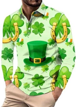 Generic Polo pour homme &agrave; manches longues avec boutons pour la Saint-Patrick - Chemises irlandaises Lucky Shamrock - Polo classique &agrave; col &agrave; revers - Grande ta