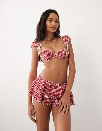 For Love & Lemons Alison - Bikinihose mit hohem Bund, R&uuml;schendetail und rotem Vichy-Karo, Kombiteil