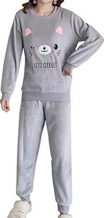 Minetom Femmes Pyjama Ensemble Hiver Manche Longue Chaud Doux Toison Polaire Animal Mignon Vêtements de Nuit Intérieur Deux Pièces Tops et Pantalon C Gris 34