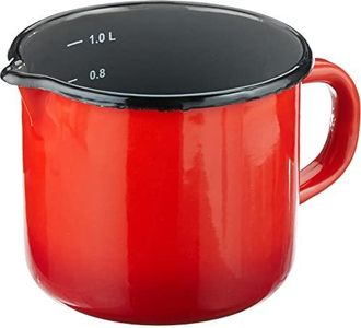Krüger Karl Krüger Rom Milchtopf aus Emaille mit Ausguss in der Farbe Rot-Grau 1L, Maße: 12cm x 12cm x 11cm, 17012 RO