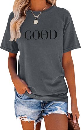 TOMWELL T-Shirt Damen Rundhals Kurzarm Grafik Druck Tshirt Sport Oberteile Casual Sommer Shirt B Dunkelgrau XXL