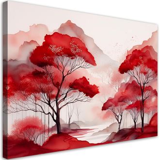 Feeby Leinwand Bilder - Rote Landschaft Wald Berge - Vlies 90x60 cm - Deko Wohnzimmer - Wandbilder Schlafzimmer - Deko Aesthetic - Wand Deko - Leinwand Groß