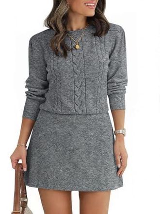 Generic Robe pull pour femme, manches longues, col haut, en maille c&ocirc;tel&eacute;e, coupe ajust&eacute;e, manches bouffantes, gris, XXL