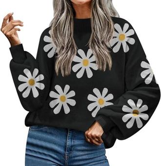 Generic Pull &agrave; col roul&eacute; pour femme - Pull ample &agrave; col montant - Manches longues - En tricot c&ocirc;tel&eacute; - Pour lautomne 2023, Noir, L