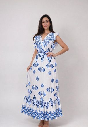 Elara Maxikleid Wickeloptik mit Volant&auml;rmeln und Muster (1-tlg)