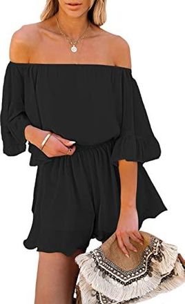 Pink Queen Combinaison bohème sans bretelles, mini robe, à volants, grenouillère, épaules dénudées, Noir, L