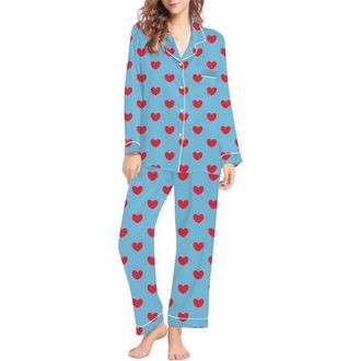 Generic Ensemble de pyjama 2 pi&egrave;ces pour femme en satin de soie imprim&eacute; coeur, v&ecirc;tements de nuit &agrave; revers et pantalons pour femmes, v&ecirc;tements de d&eacute;tente ample