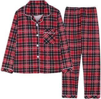 Generic Ensemble de pyjama pour femme à manches longues boutonnées - Ensemble de pyjama deux pièces en coton confortable à carreaux avec col en V et poches av
