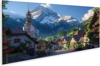 Islandburner Bild auf Leinwand Idyllisches Dorf im Alpen mit Kirchturm und Bergen für Wohnzimmer Naturfreunde Restaurant Bilder Wandbilder Poster