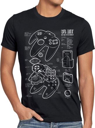 style3 N64 Controller Blaupause Herren T-Shirt 64-Bit Videospiel, Gr&ouml;&szlig;e:4XL, Farbe:Schwarz
