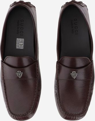 Gucci Mens Leather Loafers With Logo Emblem Brown Calfskin
