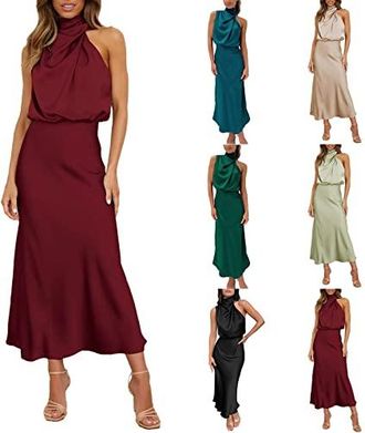 Generic Robe de soirée en satin pour femme | Robe de cocktail élégante à col montant pour invitée de mariage, taille haute, robe de soirée, robe longue formel
