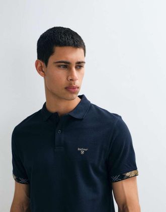 Barbour Stanford kurz&auml;rmliges tailliertes Logo-Polohemd mit Tartan-Besatz in Marineblau