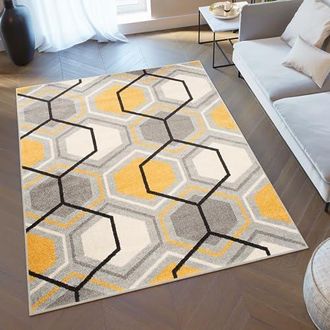 Tapiso Lazur Tapis Poil Ras Design Moderne Jaune Gris Blanc Noir G&eacute;om&eacute;trique Motif Hexagone Tapis Salon Chambre Adulte Salle &agrave; Manger Bureau Oeko-TEX R&eacute;sista