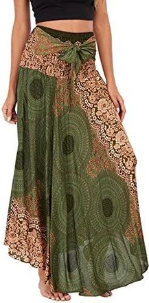 Feoya Jupe Longue Bohême Femme Jupe Gitane Fluide Hippie Taille Haute Élastique Jupes Indienne Maxi Robe Imprimé de Plage Vacances Robes Licou Dos Nu Sexy 2