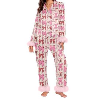 Generic Ensemble de pyjama en satin pour femme - V&ecirc;tement de nuit imprim&eacute; coeur - Haut et pantalon boutonn&eacute;s - Tenue 2 pi&egrave;ces - Pyjama en soie doux et confort